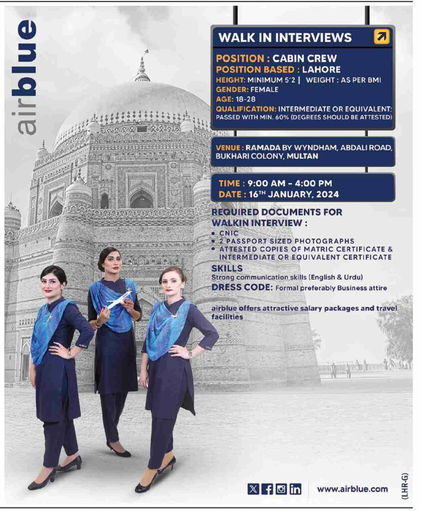 Airblue Walk IN Interviews For Cabin Crew in Lahore – Current Affairs ...