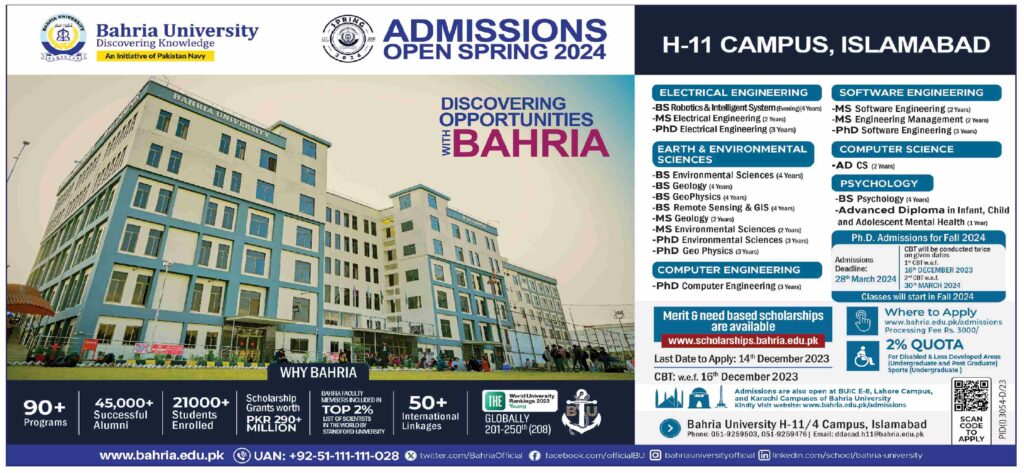 Bahria University H-11 Campus Islamabad Admissions Open Spring 2024 – Current Affairs of Pakistan
