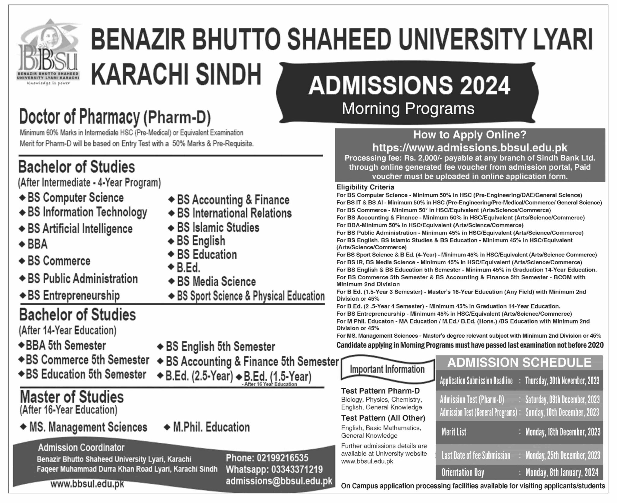 Benazir Bhutto Shaheed University Lyari Karachi Sindh Admissions 2024 ...