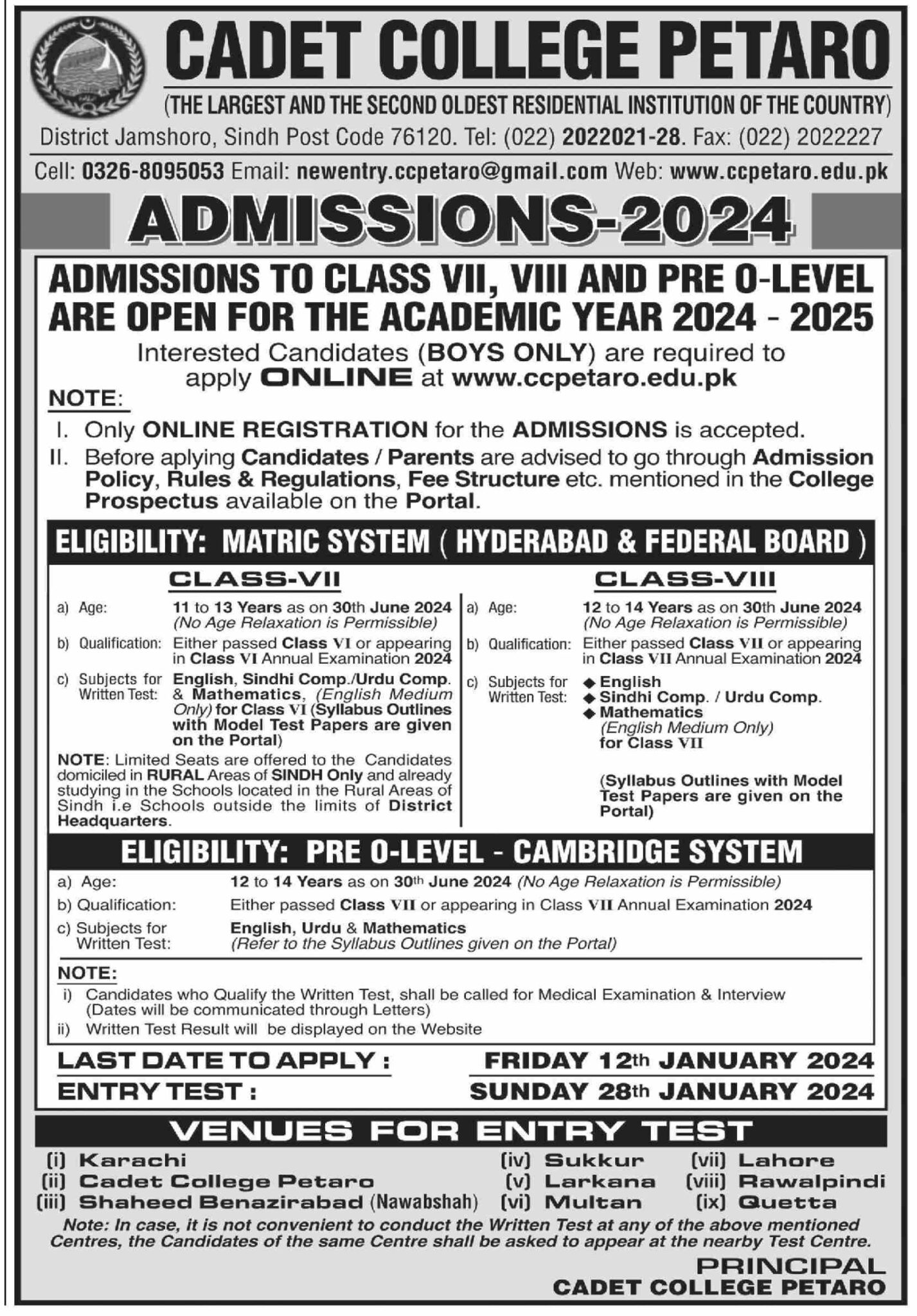 Cadet College Petaro Admissions 2024 Matric Pre O-Level Cambridge ...