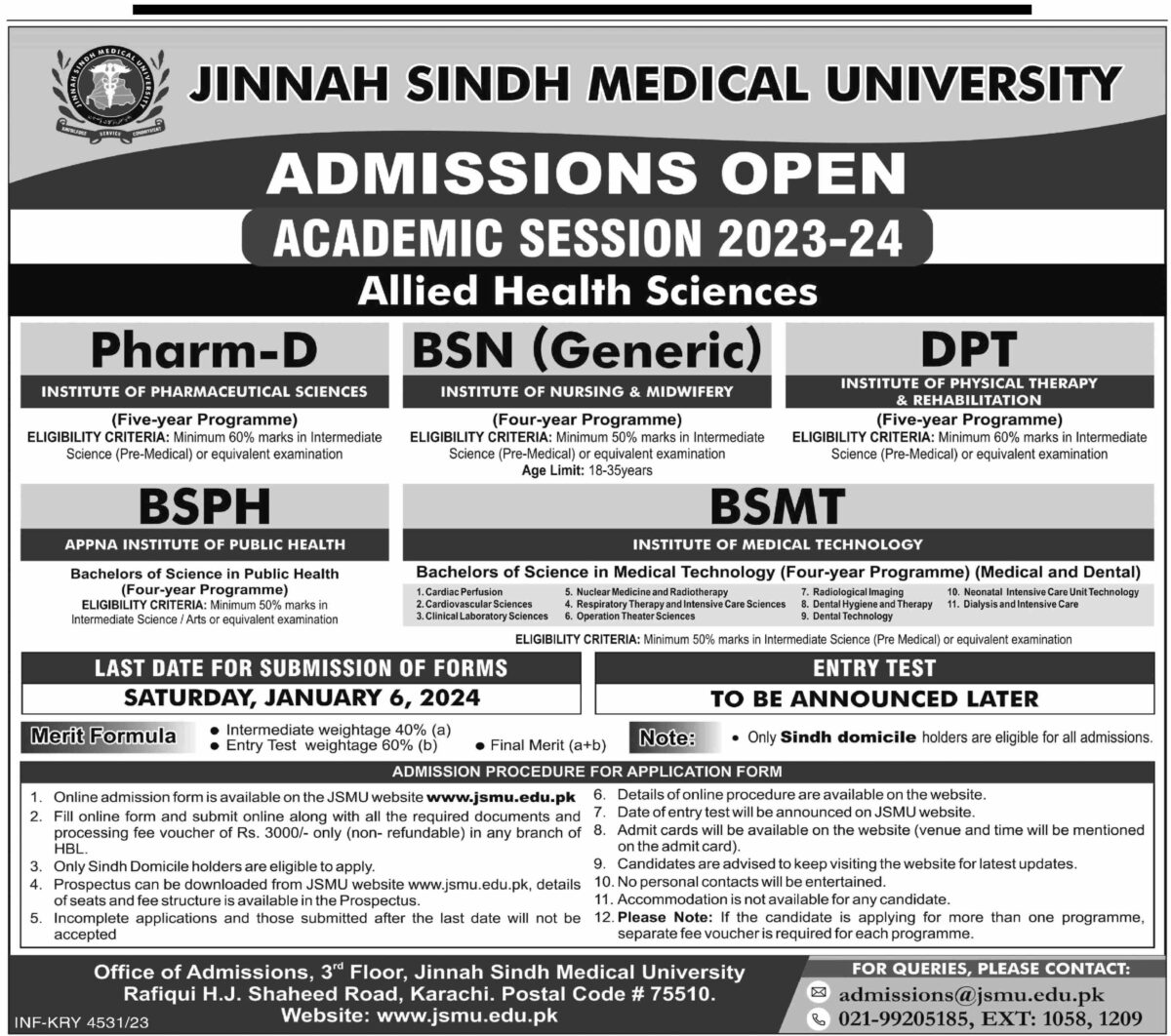 JSMU Jinnah Sindh Medical University Karachi Admissions 2024 Allied ...