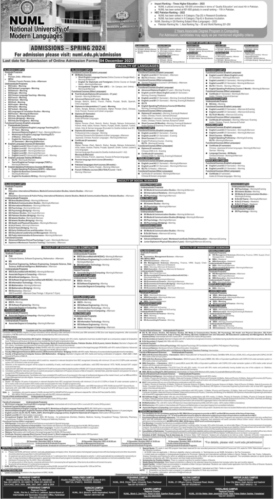 NUML National University of Modern Languages Admissions Spring 2024 ...