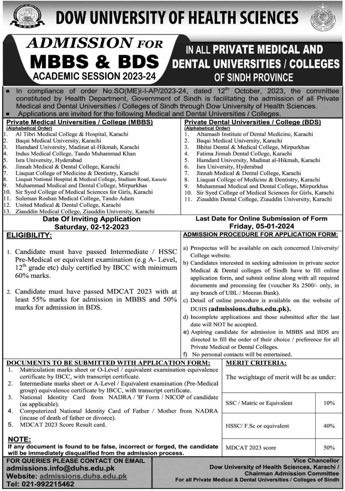 Dow University of Health Science Admission for MBBS & BDS Session 2023-2024 – Current Affairs of ...