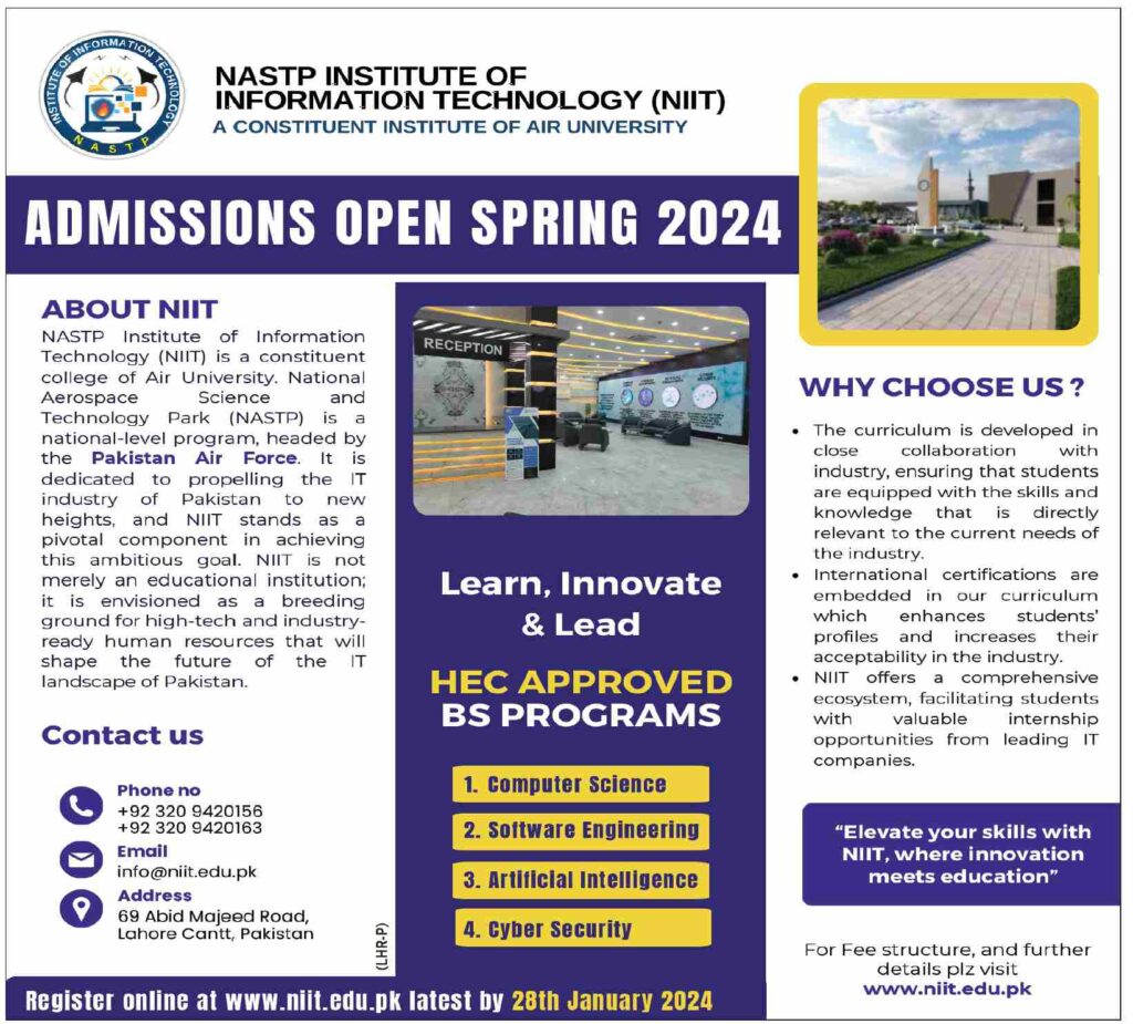 NIIT Lahore BS Programs Admissions Open Spring 2024 – Current Affairs of Pakistan