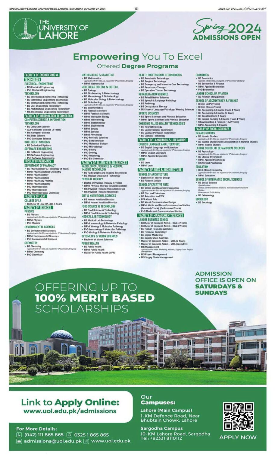 The University of Lahore Admissions Open Spring 2024 & Merit Based Scholarships – Current ...