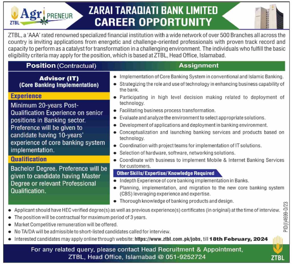 ZTBL Zarai Taraqiati Bank Limited Advisor IT Core Banking ...